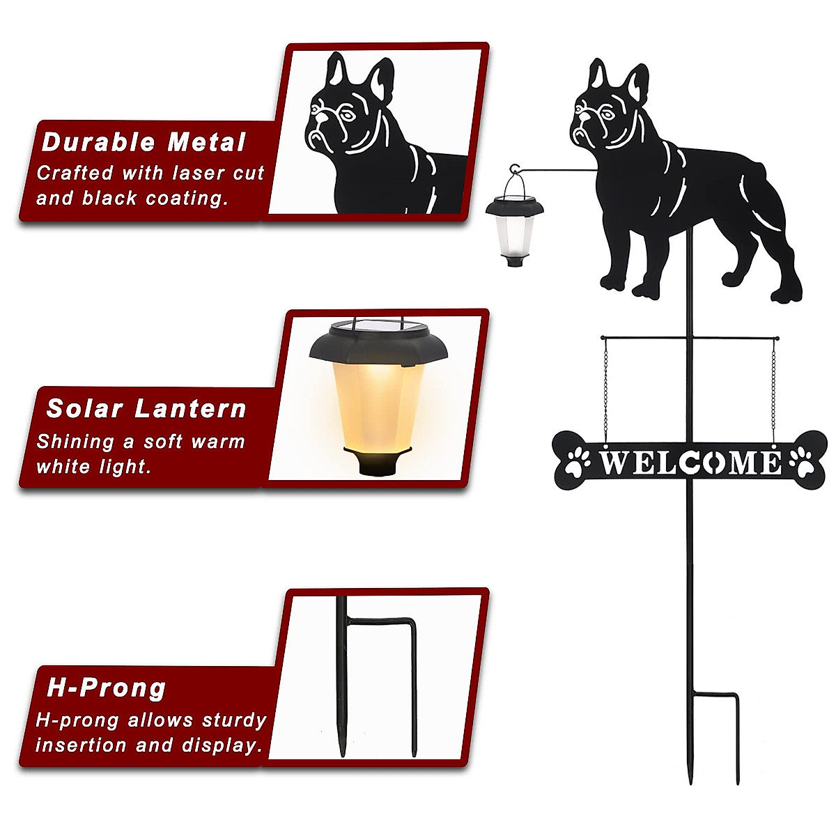 BAYN Solar French Bulldog Silhouette Dog Breed Welcome Sign with a Lantern Outdoor Decorative Garden Stakes for Yard, Lawn, Patio, Pathway