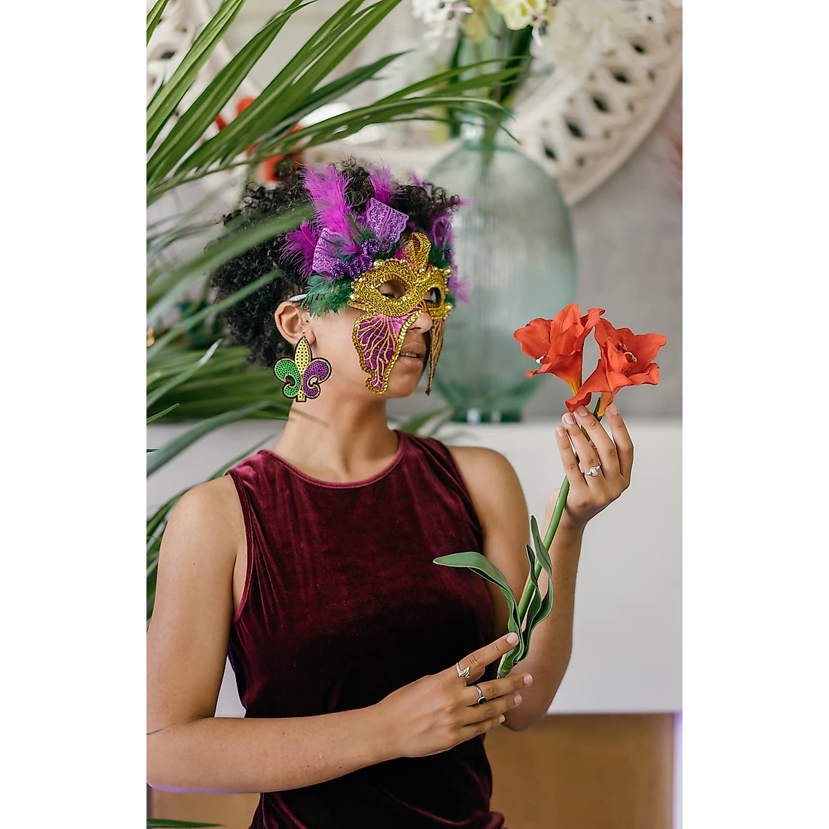 Mardi Gras Earrings, Mardi Gras Earrings for Women, Glitter Green Purple Fleur De Lis Dangle Earrings, Fat Tuesday Celebration Mardi Gras Holiday Fashion Jewelry Gift for Women