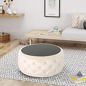 Christopher Knight Home Ivy Glam Velvet and Tempered Glass Coffee Table Ottoman, Beige, Black
