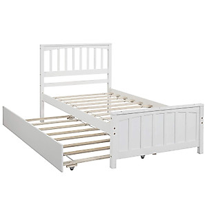 MERITLINE Kids Twin Bed with Trundle, Platform Bed Trundle Twin Bed with Headboard and Footboard for Girls Boys, No Need Box Spring, White