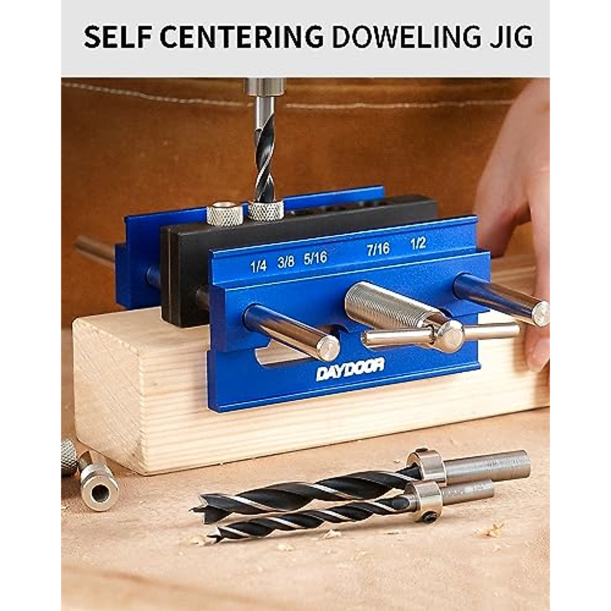 DAYDOOR Wide Capacity Self Centering Doweling Jig Kit, Adjustable Width Dowel Jig for Woodworking, 6.7inch Centering Jig for Straight Holes Biscuit Joiner Set with 6 Bushings and 3 Drill Bits(Blue)
