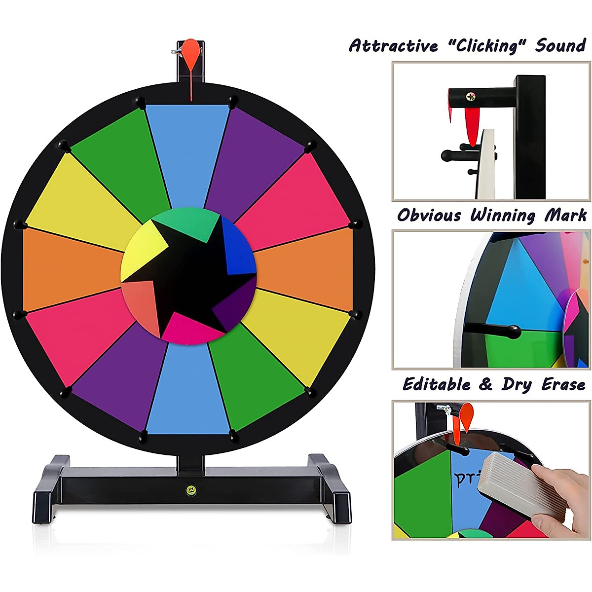 Hooomyai 15 Inch Tabletop Spinning Wheel with 12 Slots Durable Base Stand Spin Wheel for Prizes Dry Erase Prize Wheel with Dry Erase Markers and Eraser for Carnival Trade Show Party