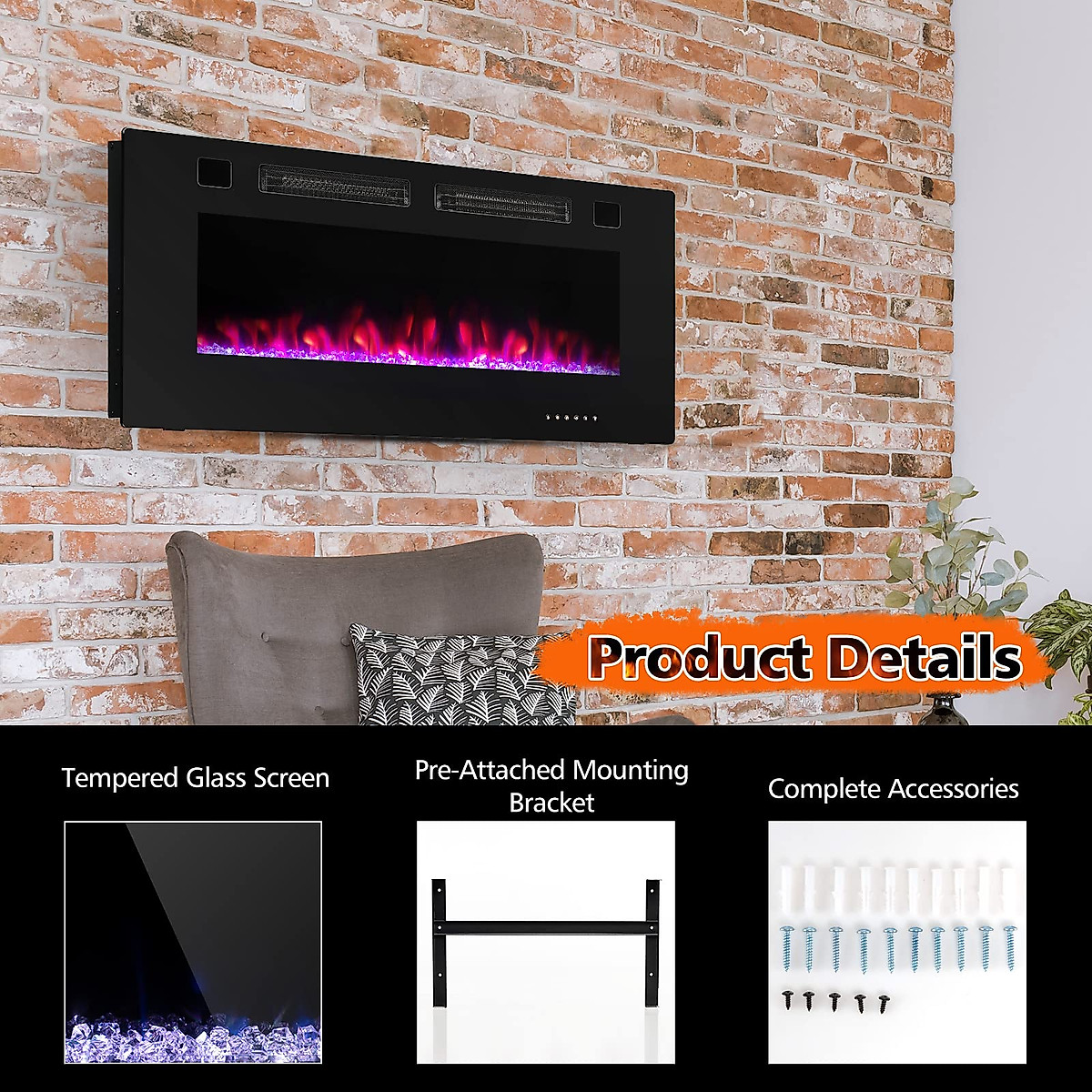 COSTWAY 42-Inch Wide Electric Fireplace, 3.19-Inch Deep Ultra-Thin Wall-Mounted and Recessed Fireplace Heater, Decorative Crystal Included, 12 Flame Color, Remote Control and Smart APP Control, 1500W