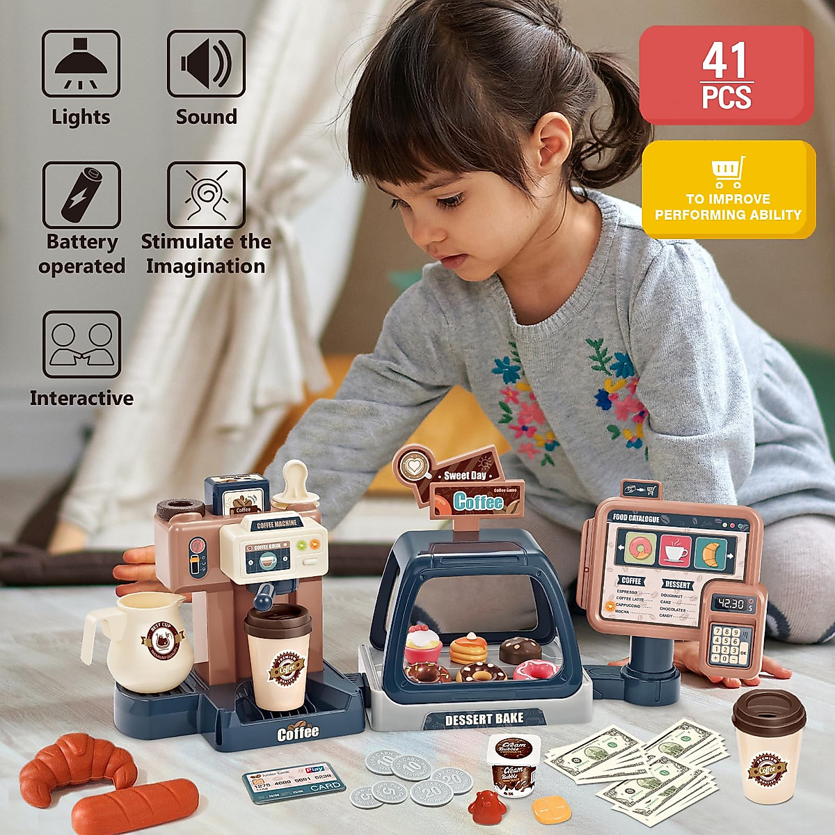Pretend Role Play Toy Kids Coffee Maker Playset, ACROFEK Toy Coffee Maker with Sound Light, Play Coffee Maker Set for Kids with Fake Donuts (41PCS)