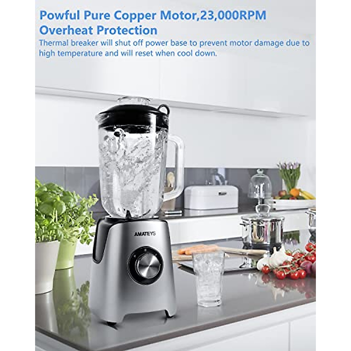 Amateys Quiet Smoothie Blender with 50 Oz Glass Jar,Professional Kitchen Blender for Shakes and Smoothies,Countertop Blender Speed Adjustable for Ice Crush Frozen Fruit Puree Mlikshakes