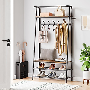 Coat Rack Shoe Bench with 5 Hooks, Entryway Hall Trees with Storage, Multifunctional Hallway Organizer, Wood Look Accent Furniture with Metal Frame, 4-in-1 Hall Trees Shoe Bench (5 Hooks-31.5 In)