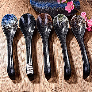 7 inch Japanese and Korean Ramen Spoon Set of 5, Asian Soup Spoon Chinese Soup Spoon Curved Handle Soup Spoon Long Handle Ceramic Miso Soup Spoons