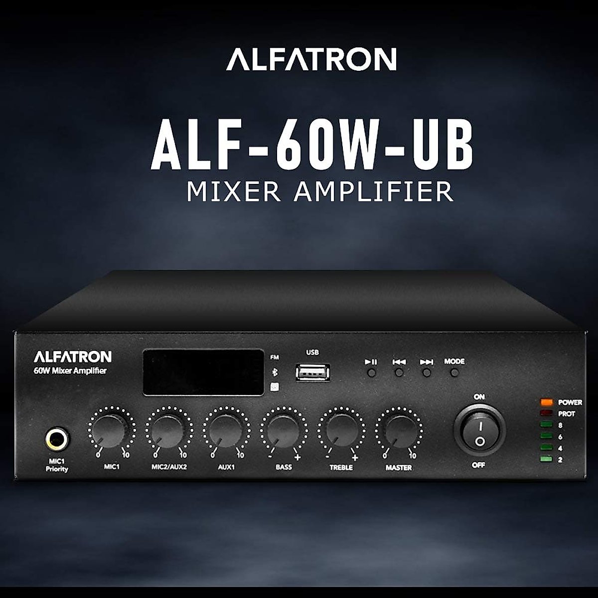 Alfatron 60W-UB Compact Mixer Amplifier with Bluetooth, On Board Tuner, Built-in USB MP3 Player, & Front Panel Mic Input, 60W at 70/100V, Perfect for Classrooms & Shops