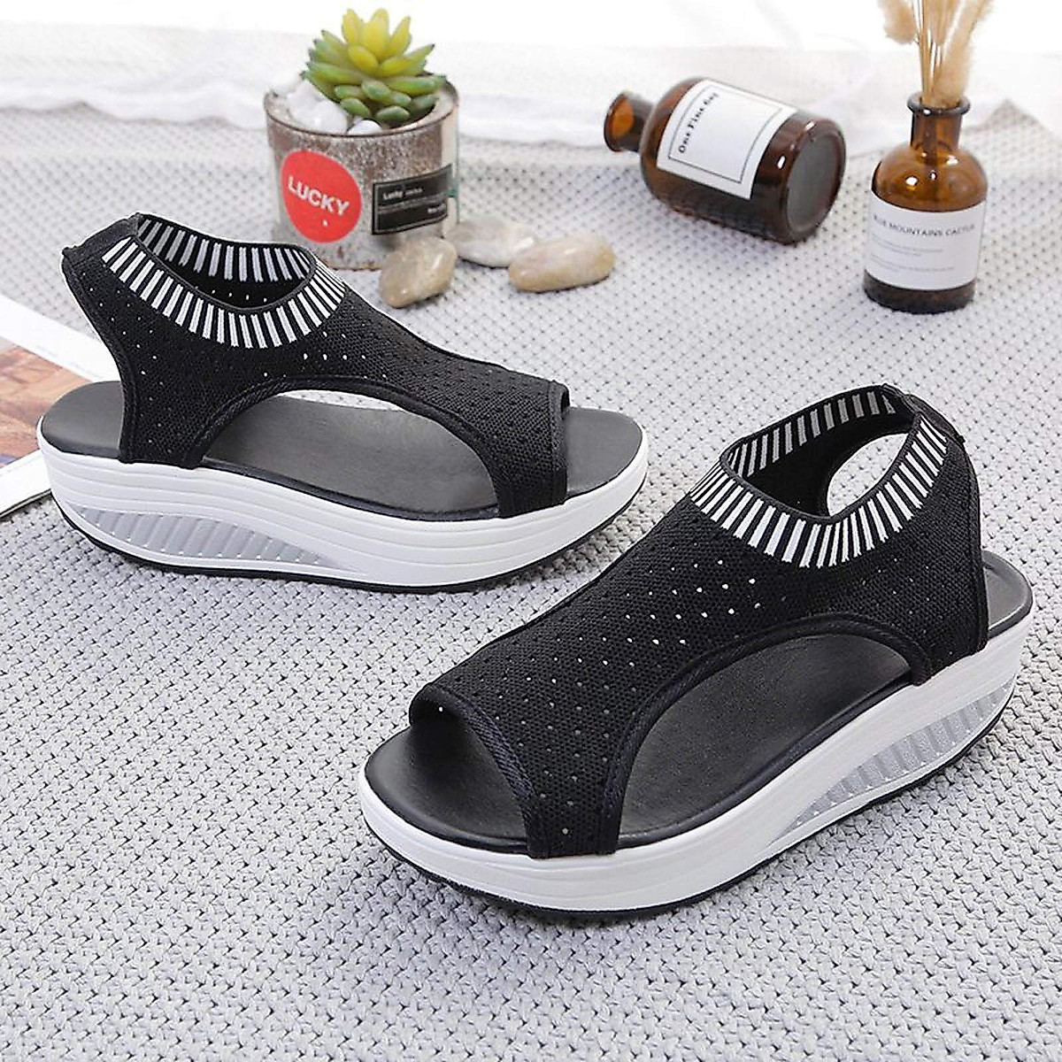 Women Casual Wedge Sandals Hook Loop Non Slip Thick Bottom Peep Toe Platform Chunky Sandal Shoes