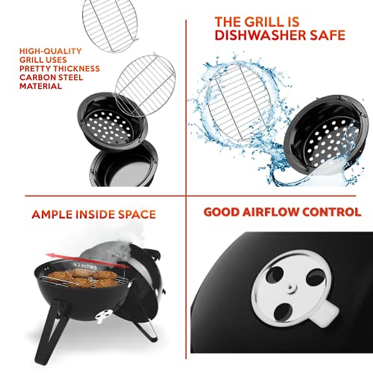 CUE WAY K-1 Vertical Charcoal Smoker Combo with Fish Hooks, 14-inch, Black