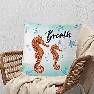WoGuangis Coastal Throw Pillow Cushion Beach Theme Ocean Breath Seahorse White Linen Sofa Pillows Jellyfish Vintage Farmhouse Throw Pillow Case with Zippe for Office Car Chair Sofa 20x20in