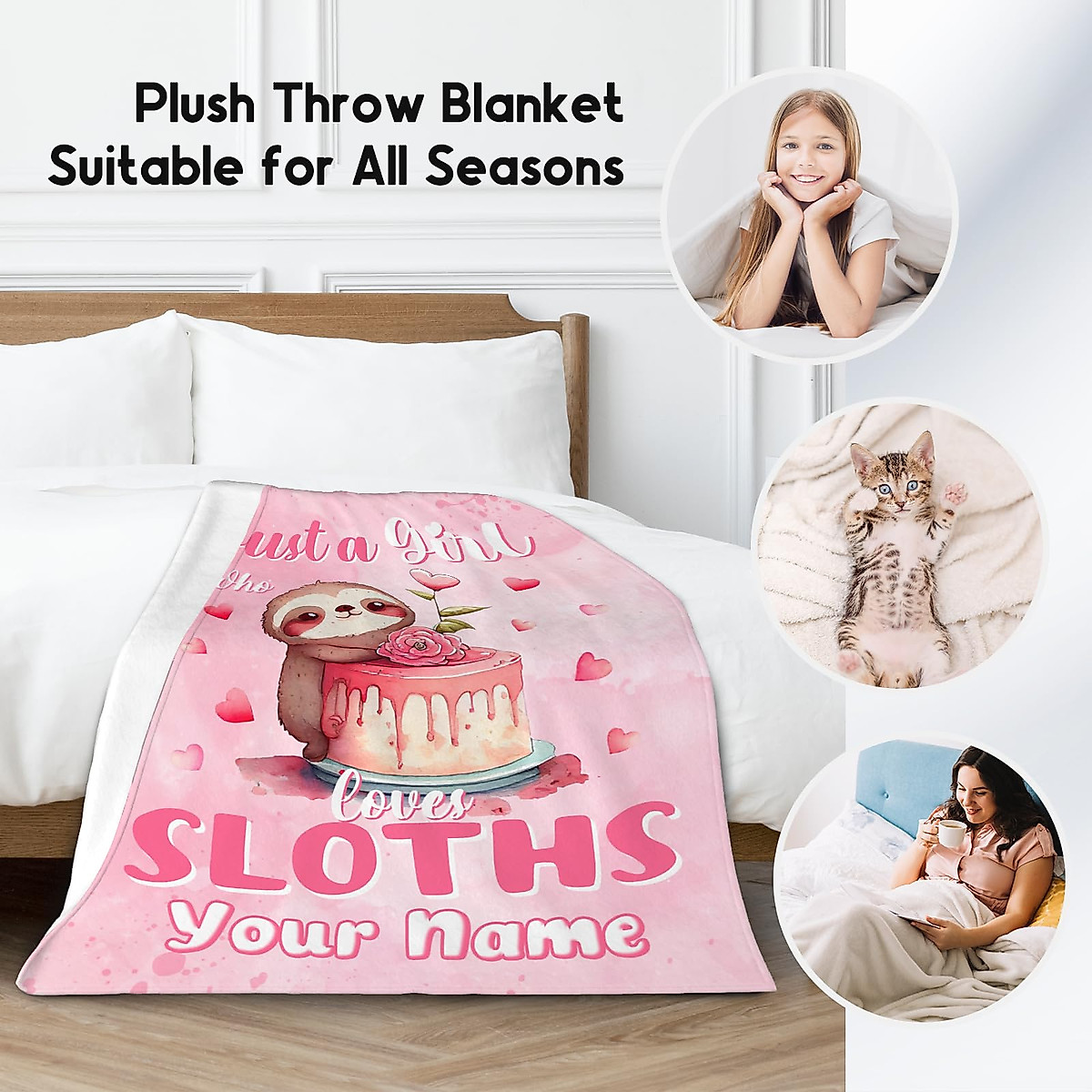 Custom Sloth Blanket with Name, Sloth Gifts for Girls Women, 60"x80" Soft Pink Blanket for Girls Gifts Decor, Sloth Printed Blankets Present Ideal, Cute Flannel Kids Throw Blankets for Couch