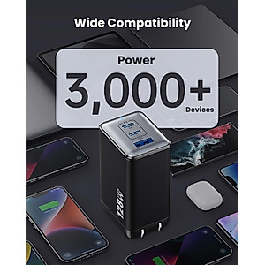128W USB C Wall Charger,GaN III 3-Port Fast Charging Station,PD QC Foldable Charger Block Portable 65W Laptop Adapter for MacBook Pro/Air,iPad Pro,Galaxy S23,Dell XPS 13,iPhone 15/Pro etc Black