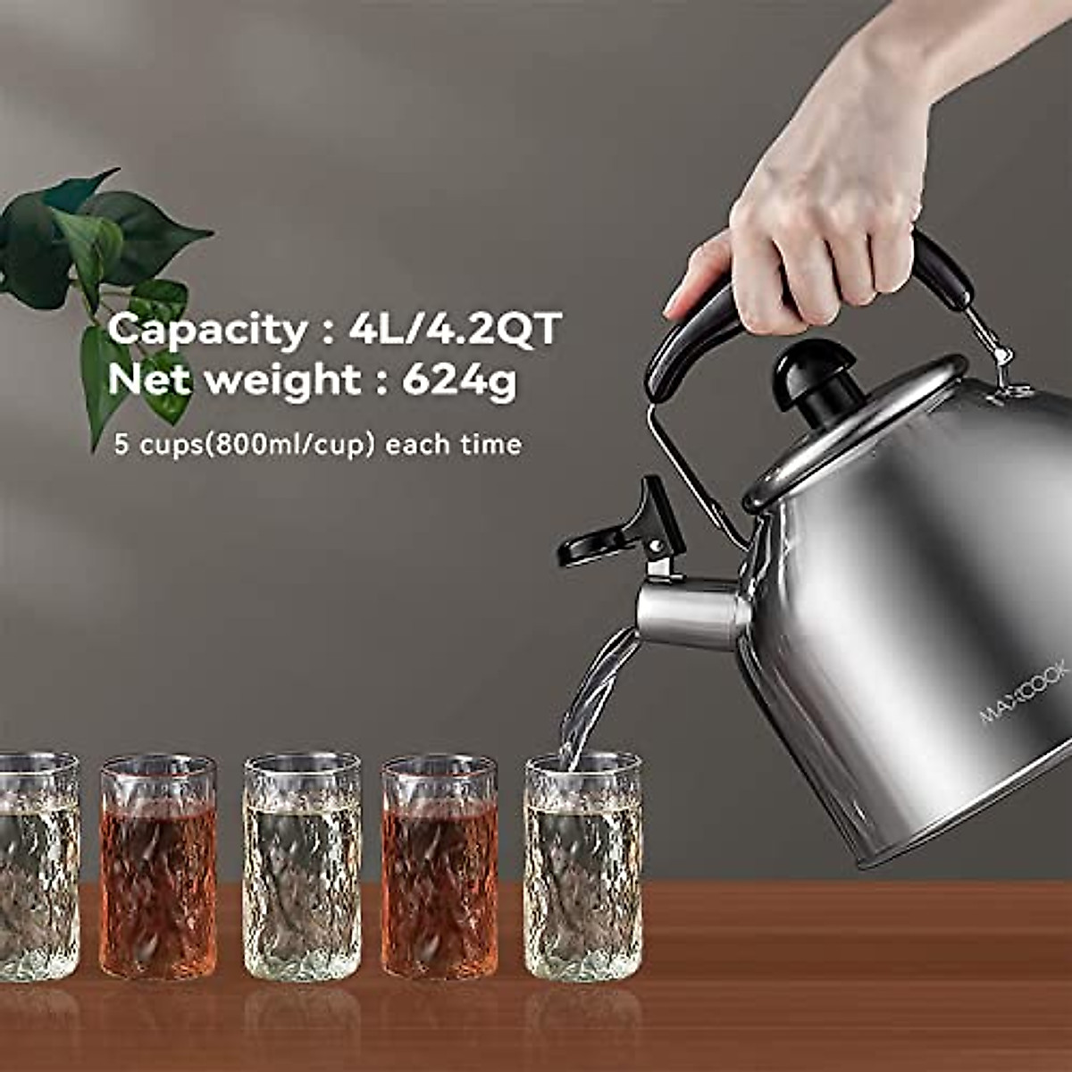 MAXCOOK 4.2 Quart/4L Stainless Steel Whistling Tea Kettle,Brushed Satin, Suitable to Boiling Water & Tea on Induction Stove, Gas Stove Top