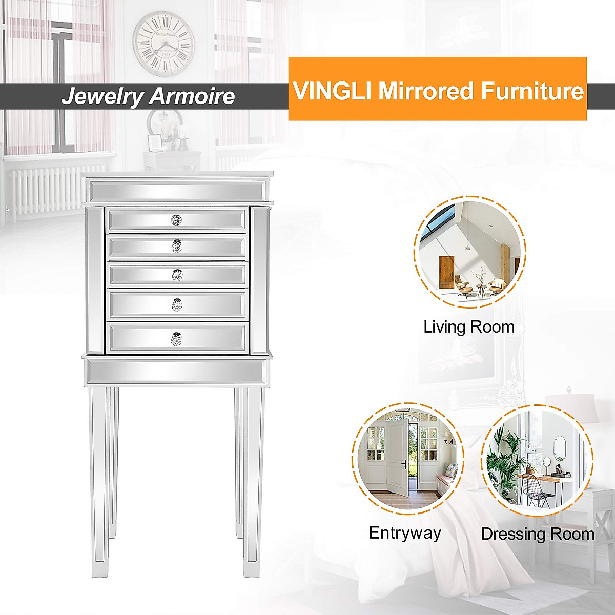 VINGLI Mirrored Jewelry Armoire, Mirror Jewelry Cabinet Standing with 6 Drawers & 2 Side Doors, Jewelry Armoire Cabinet, Standing Jewelry Box, Mirrored Jewelry Chest, Standing Jewelry Box, Silver