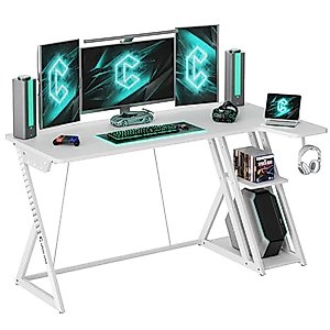 CubiCubi Aurora Gaming Desk with Carbon Fiber Surface, 55 Inch L Shaped Desk with Storage Shelves, Small Corner Computer Desk with Monitor Shelf, Gamer Desk PC Table, White