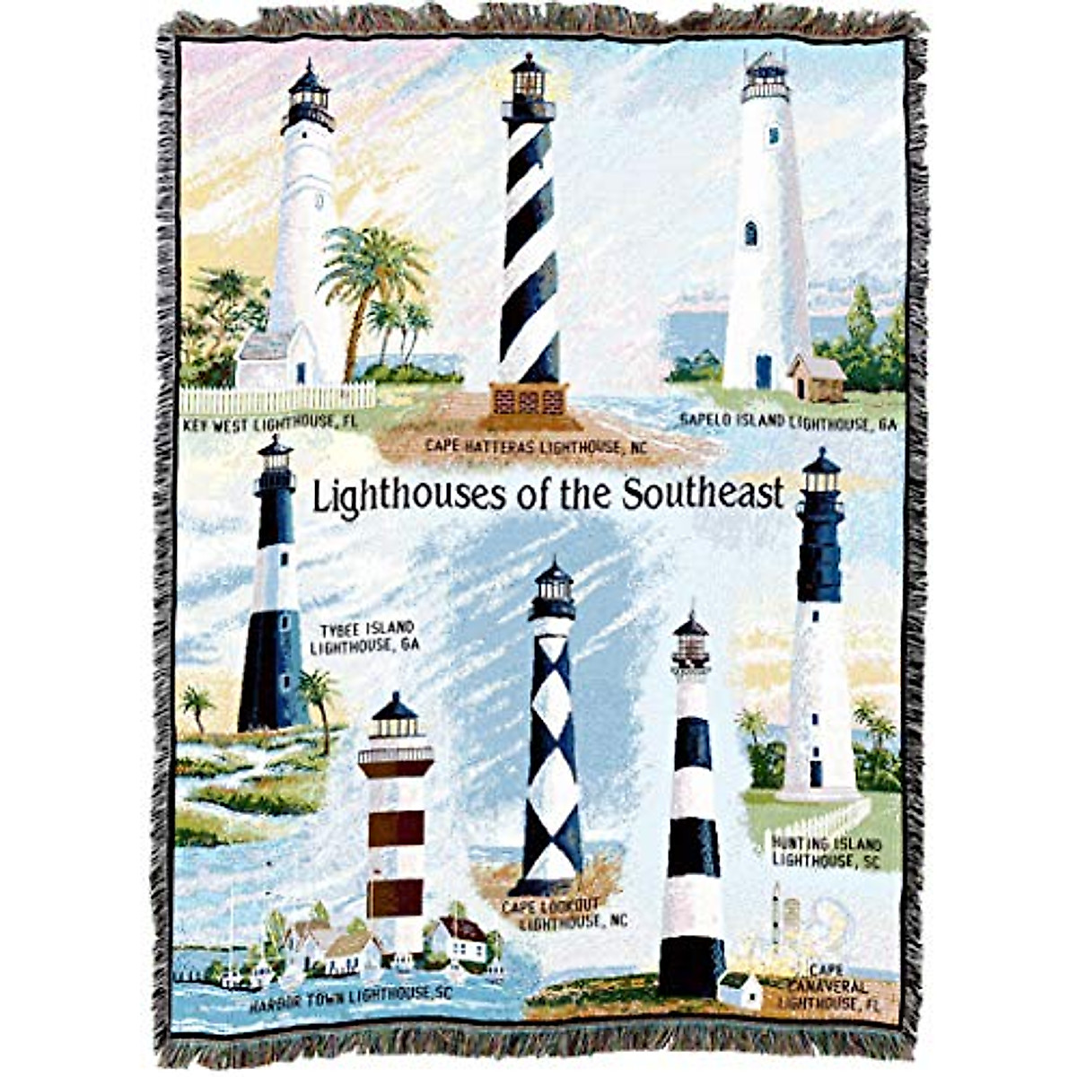 Lighthouses of the Southeast Blanket - Key West Cape Hatteras Sapelo Tybee Harbor Lookout Canaveral Hunting Island - Coastal Ocean Gift Tapestry Throw Woven from Cotton - Made in the USA (72x54)