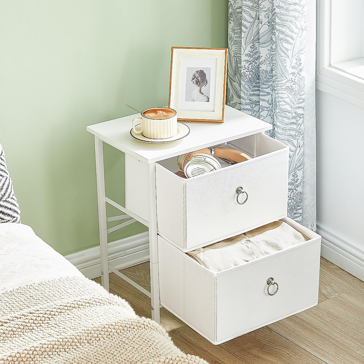 HOOBRO Nightstand, 2 Drawer Dresser for Bedroom, Small Night Stand, Bedside Furniture, End Tables with Fabric Drawer, Side Table for Bedroom, Dorm, White WT82BZ01