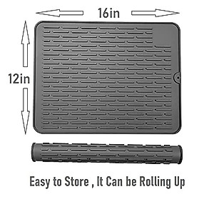 Olodeer Silicone Dish Drying Mat - 16"x12" - Kitchen Counter Mat,Dish Draining Mat,Sink Mat,Dishwasher Safe,Heat Resistant,Eco-Friendly.Dark Grey