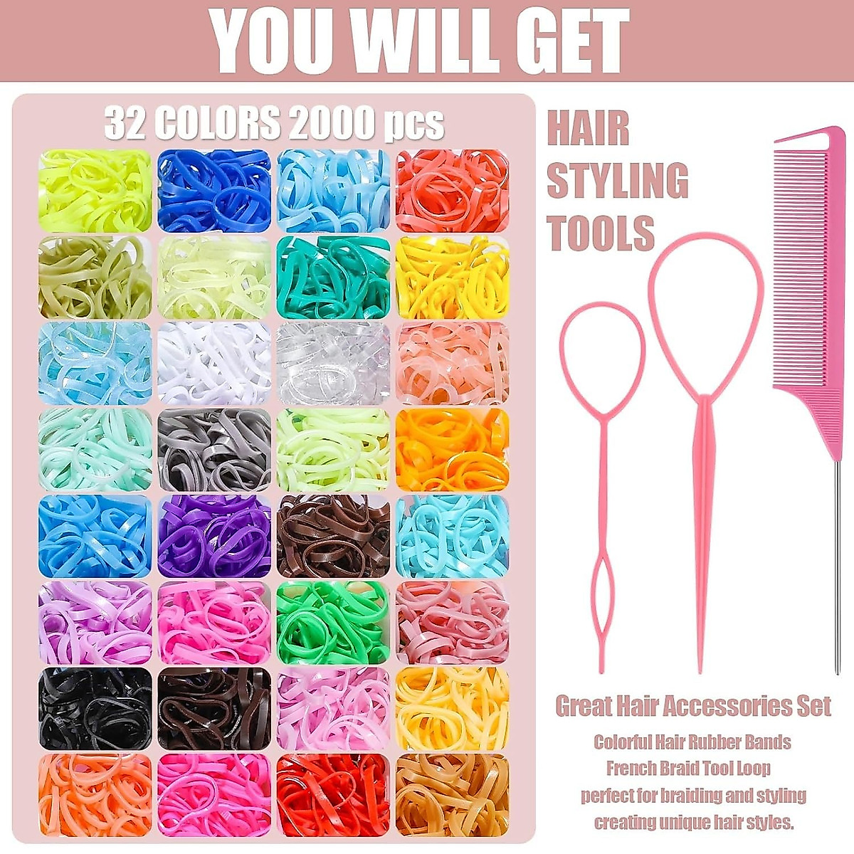 2400 Pcs Rubber Bands for Hair, 32 Colors Small Rubber Bands Elastic Hair Ties with Hair Styling Tools for Baby Toddler Girl Back to School Hair Accessories Gift