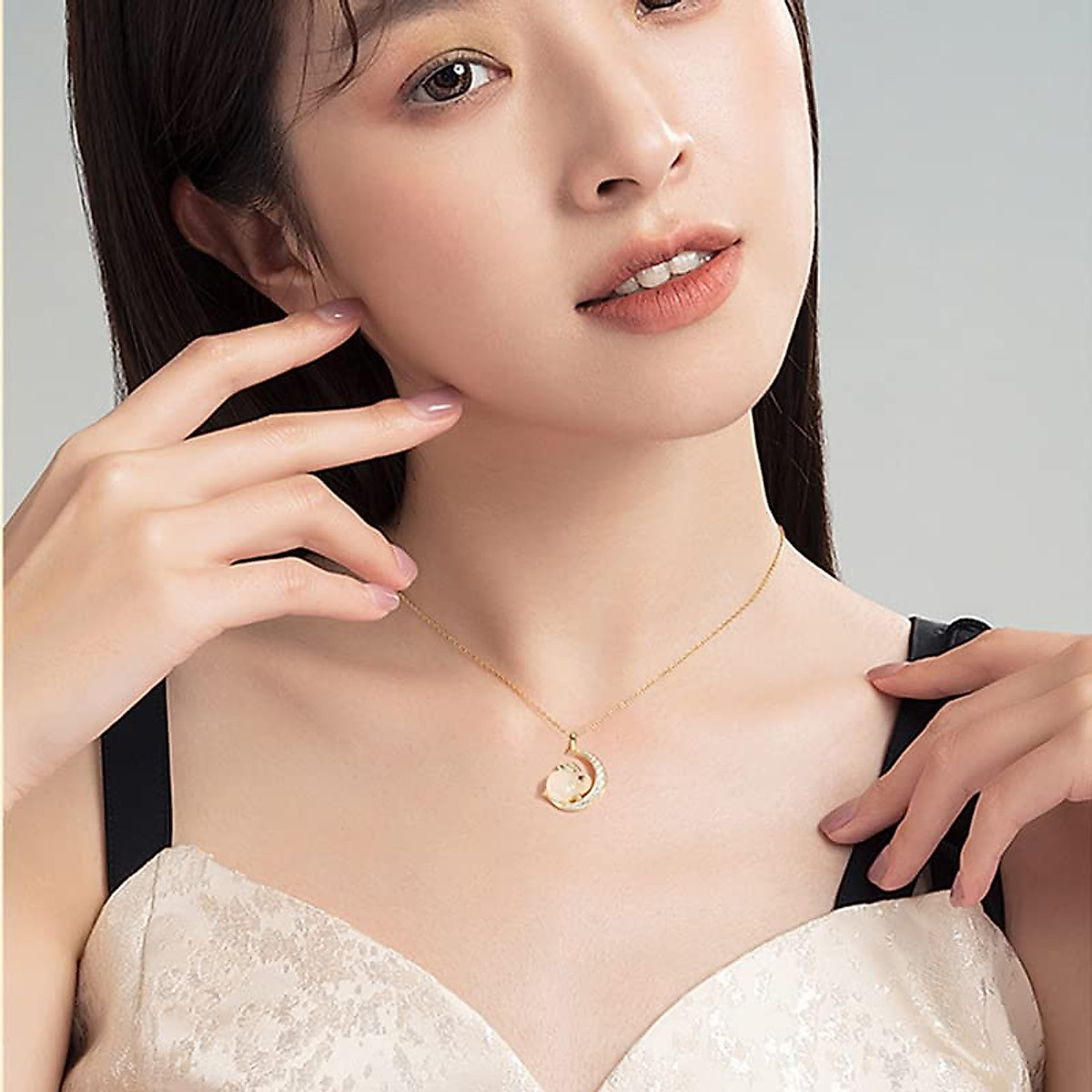 B&D mothers day gifts for Women Girls Bunny Necklace Cute Jade Bunny Rabbit On The Moon Pendant Rabbit Necklace Easter Gifts for Women Girls Necklace for Women Teen Girls S925 Sterling Silver Hypoallergenic Dainty Tiny Crescent Choker 18" Chain Collar Del