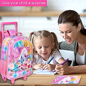 4PCS Rolling Backpack for Girls,Kids Unicorn Bookbag with Roller Wheels, Suitcase School Bag Set for Toddler Elementary