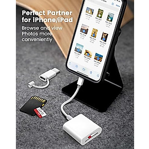 SD Card Reader for iPhone iPad, Dual Connector Memory SD Card Adapter, Support SD/MicroSD Cards, High-Speed Digital Trail Camera to iPhone Viewer, Plug and Play - White