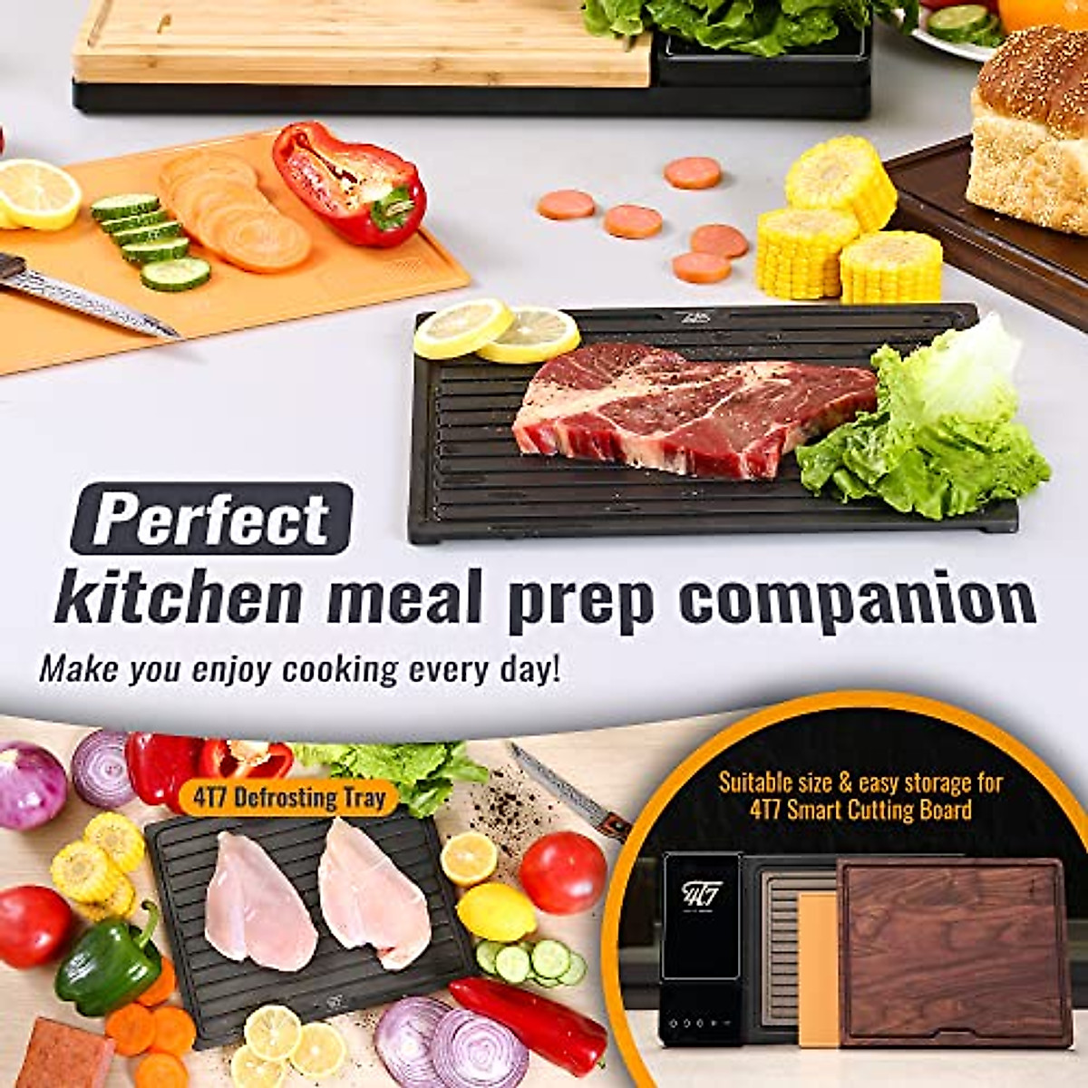 4T7 Defrosting Tray for Frozen Meat Quick Thawing, 8MM Extra Thick Plate Board for Steak Pork Chicken, with Grooves to Catch Drips, Non-Stick Thawing Tray Easy to Clean (Defrosting Tray Only)