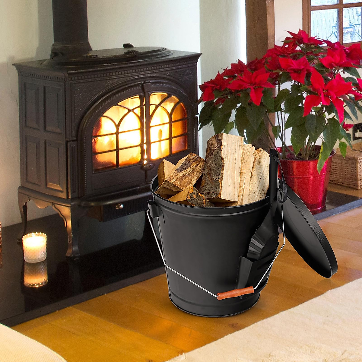 LEMY Ash Bucket with Lid and Shovel, 5 Gallon Ash Container for Fireplace, Fire Pits, Wood Burning Stoves