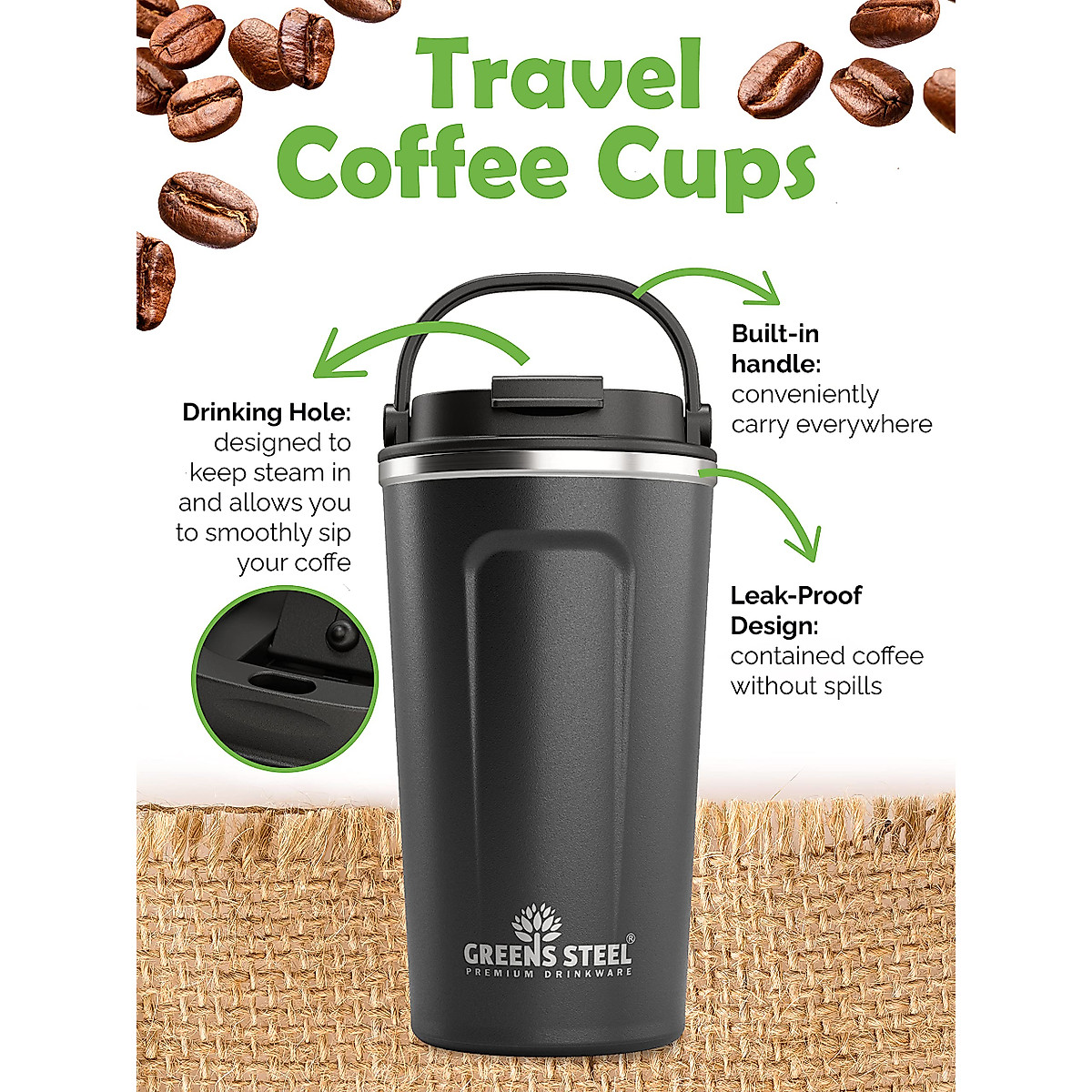Reusable Coffee Cup with Lid and Handle - Stainless Steel Insulated Coffee Mug for Hot & Cold Drinks - Ideal Travel Mugs - 100% Leak-Proof Tumbler - 16 oz Black