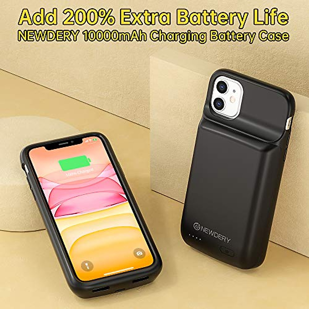 NEWDERY iPhone 11 Battery Case, 10000mAh Extended Charging Case, Wired Earphone, Sync Data Support, Portable Charger Case for iPhone 11 6.1 inches