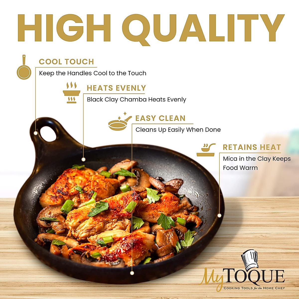 Toque Blanche Authentic Chamba Saute Pan – Gift for Men & Women – Handmade Black Clay Cooking & Serving Pan with Handle – Deep Pan with Lid - Stovetop & Oven Safe Deep Skillet, 8 Inches