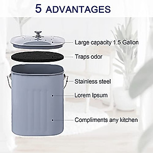 NALATI Nuovoo 1.3 Gal Compost Bin with Lid for Kitchen Countertop, Rust Proofw, Non Smell Filters (Grey)