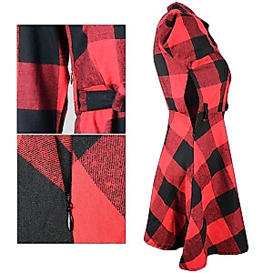 FANCYINN Womens Christmas Plaid Dresses Flannel Button Down Long Sleeve Shirt Dress Winter Casual Dresses Mini Dress with Belt Red M