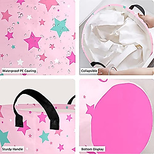Personalized Laundry Basket Hamper,Star Pink Background,Collapsible Storage Baskets with Handles for Kids Room,Clothes, Nursery Decor