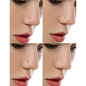 Tornito 16Pcs Nose Stud Ring L Shaped Nose Ring Heart Moon Bee Snake Leaf CZ Nose Studs Body Piercing Jewelry for Women Men 20G Gold Tone