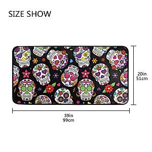 Anti Fatigue Kitchen Floor Mat, 39 x 20 In Sugar Skull Non Slip Absorbent Comfort Modern Standing Mat Soft Kitchen Runner Rug for Hallway Entryway Bathroom Living Room Bedroom Halloween Ghost