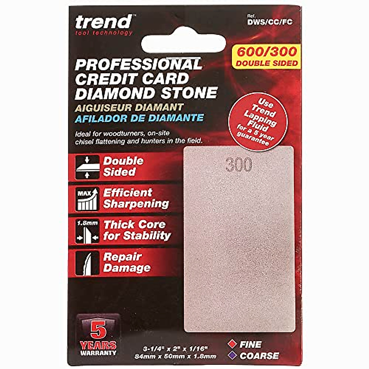 Trend 3-Inch Double-Sided Diamond Sharpening Stone, 300 & 600 Grit, Credit Card Sized Honing Stone with Storage Wallet, DWS/CC/FC