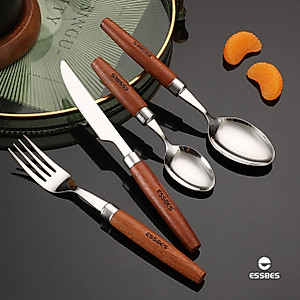 ESSBES 5-Pcs Wooden Handle Silverware Set - Stainless Steel Flatware Set with Fork, Spoon, Knife, Dessert Spoon, Chopsticks and Delicate Gift Box, Portable Cutlery Set For Home Kitchen Hotel & Gift