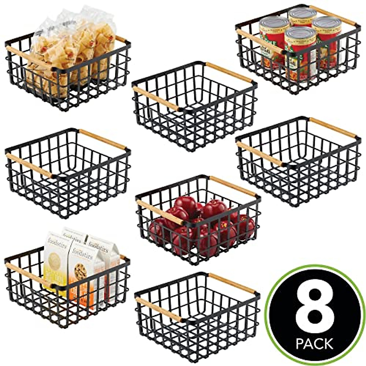 mDesign Metal Wire Storage Organizer Basket with Bamboo Wood Handles for Kitchen Pantry, Rustic Farmhouse Bin to Store Fruit, Coffee, Spices, Supplies, Yami Collection, 8 Pack, Matte Black/Natural/Tan