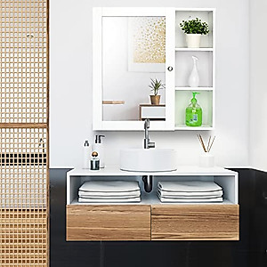 Doredo Bathroom Cabinet Wall Mounted with Mirror, Medicine Cabinets for Bathroom, Wall Cabinets for Bathroom Storage with Adjustable Shelf and 3 Open Shelves, Hanging Bathroom Cabinet, White