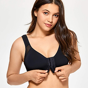 DELIMIRA Women's Full Coverage Front Closure Wire Free Back Support Posture Bra Black 44B