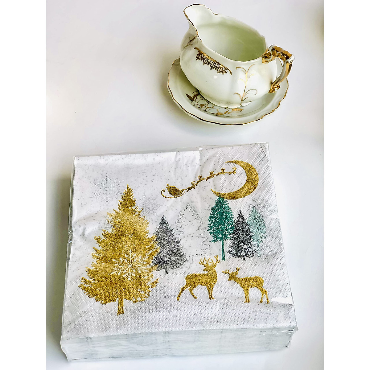 Nantucket 40-ct 13x13 Golden Deer Magic Christmas Napkins | Golden Winter Napkins for brunch party each 6.5''x6.5'' folded, 13''x13'' unfolded 4013315335
