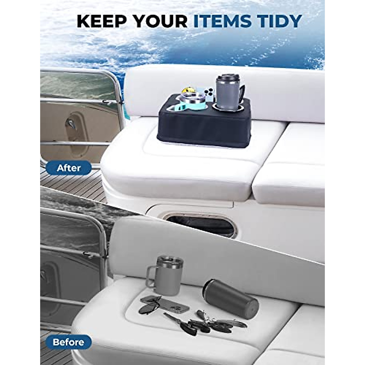 KEMIMOTO Boat Cup Holder, Boat Storage Organizer, Boat Caddy Organizer, Marine Couch Cup Holder Tray, Boat Cabin Storage for Drinks, Snacks, Remotes