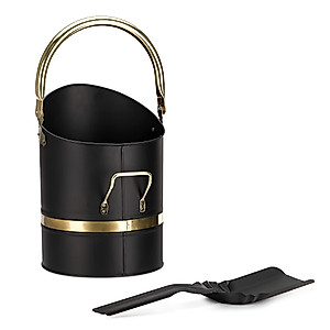 Navaris Fireplace Ash Bucket - Black Metal Bucket with Handle and Shovel for Fire Ash Charcoal and Coal - Home Wood Burner Pit Fireplace Accessories