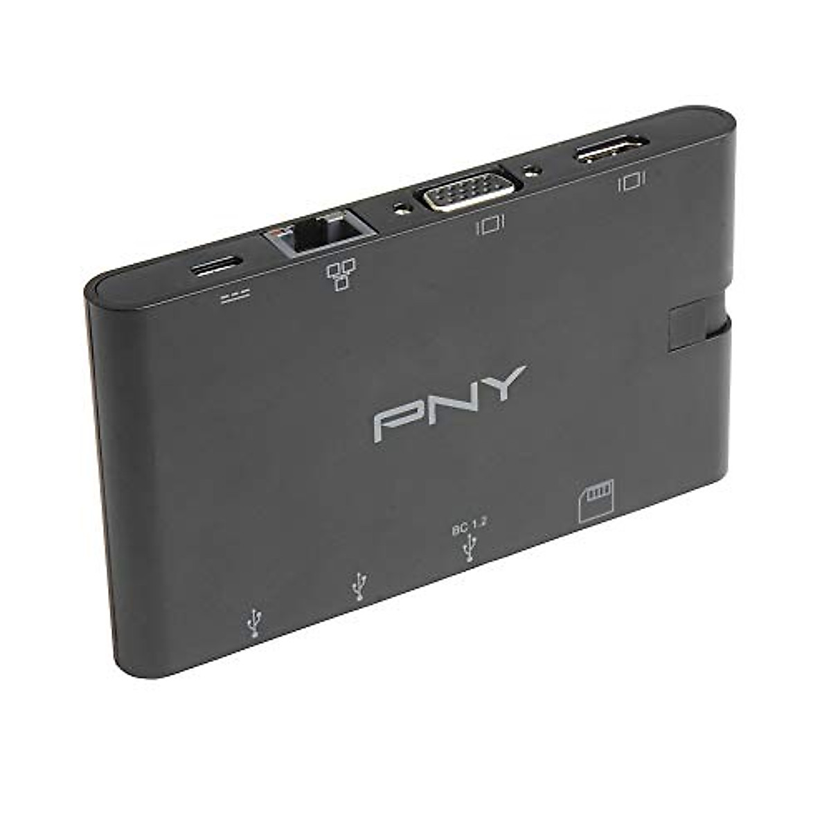 PNY 9 in 1 Mini Portable USB-C Power Hub with Integrated USB-C Cable for USB-C Compatible Devices with 2xUSB-C Ports, 2xUSB-A 3.1 Ports, 1xHDMI Port, 1xVGA Port, SD/microSD Slots, PNY Mini USB-C Hub
