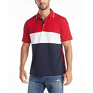 Nautica Men's Short Sleeve 100% Cotton Pique Color Block Polo Shirt, Red, Large