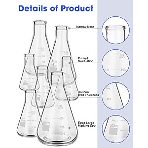 9 Pack Glass Erlenmeyer Flask Set with Glass Stirring Rod, 7 Sizes, 50ml, 100ml, 150ml, 200ml, 250ml, 300ml, 500ml, Borosilicate Glass Erlenmeyer Flasks with Printed Graduation for Lab Chemistry