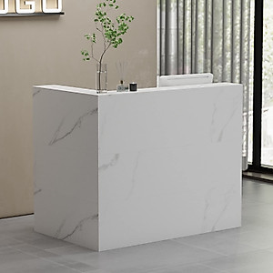 Reception Desk L-Shaped Counter with Drawers Marble Texture White Modern Contemporary Scandinavian L-Shape MDF Matte Keyboard Tray Shelves