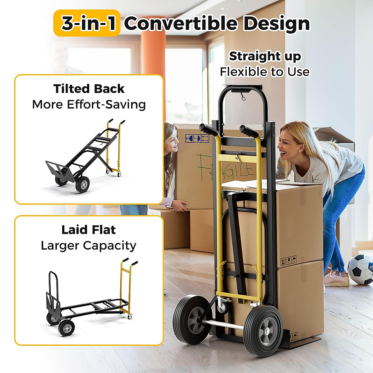 Goplus Convertible Hand Truck, 3-in-1 Metal Dolly Cart with 4 Rubber Wheels, 1000 lbs Max Load Capacity, Heavy-Duty Industrial Collapsible Cart for Transport & Moving in Warehouse, Home, Supermarket